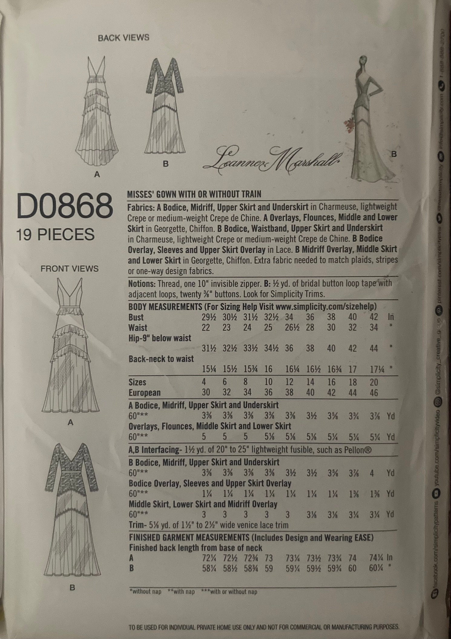 Simplicity D0868/8596 Wedding Dress Formal Gown Train Ruffles Long ...