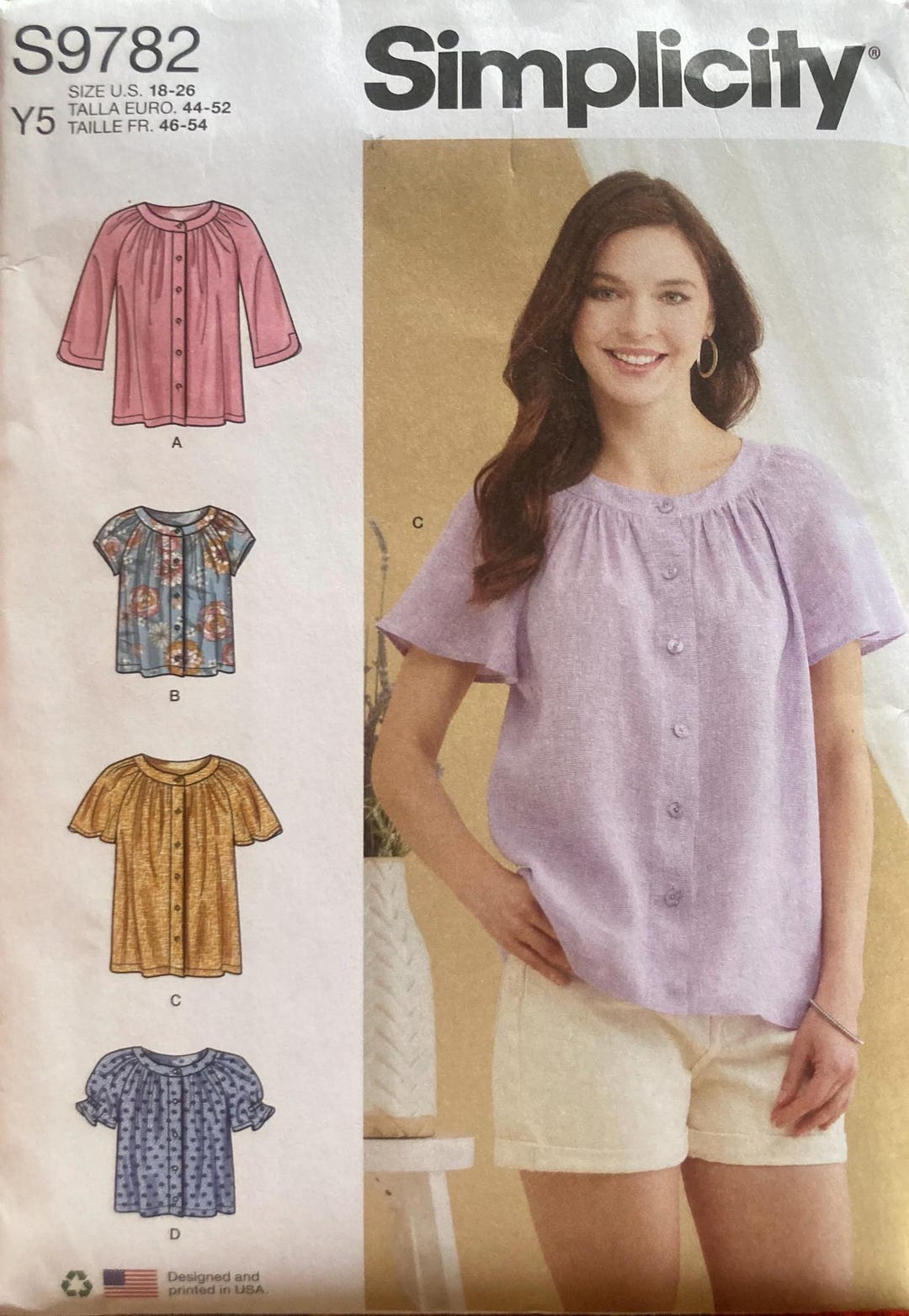 Simplicity S9782 2020s Button up Blouse Gathered Neckline Flutter ...