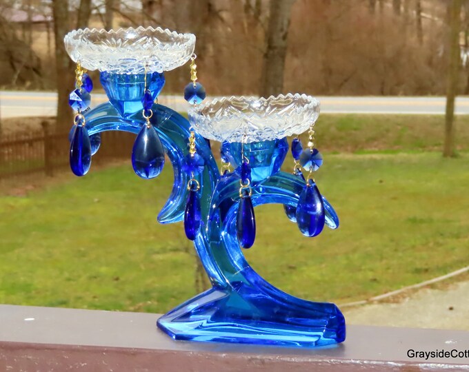 Cobalt Blue Glass Candleholder Cut Crystal Bobeches Cobalt Blue Crystal ...