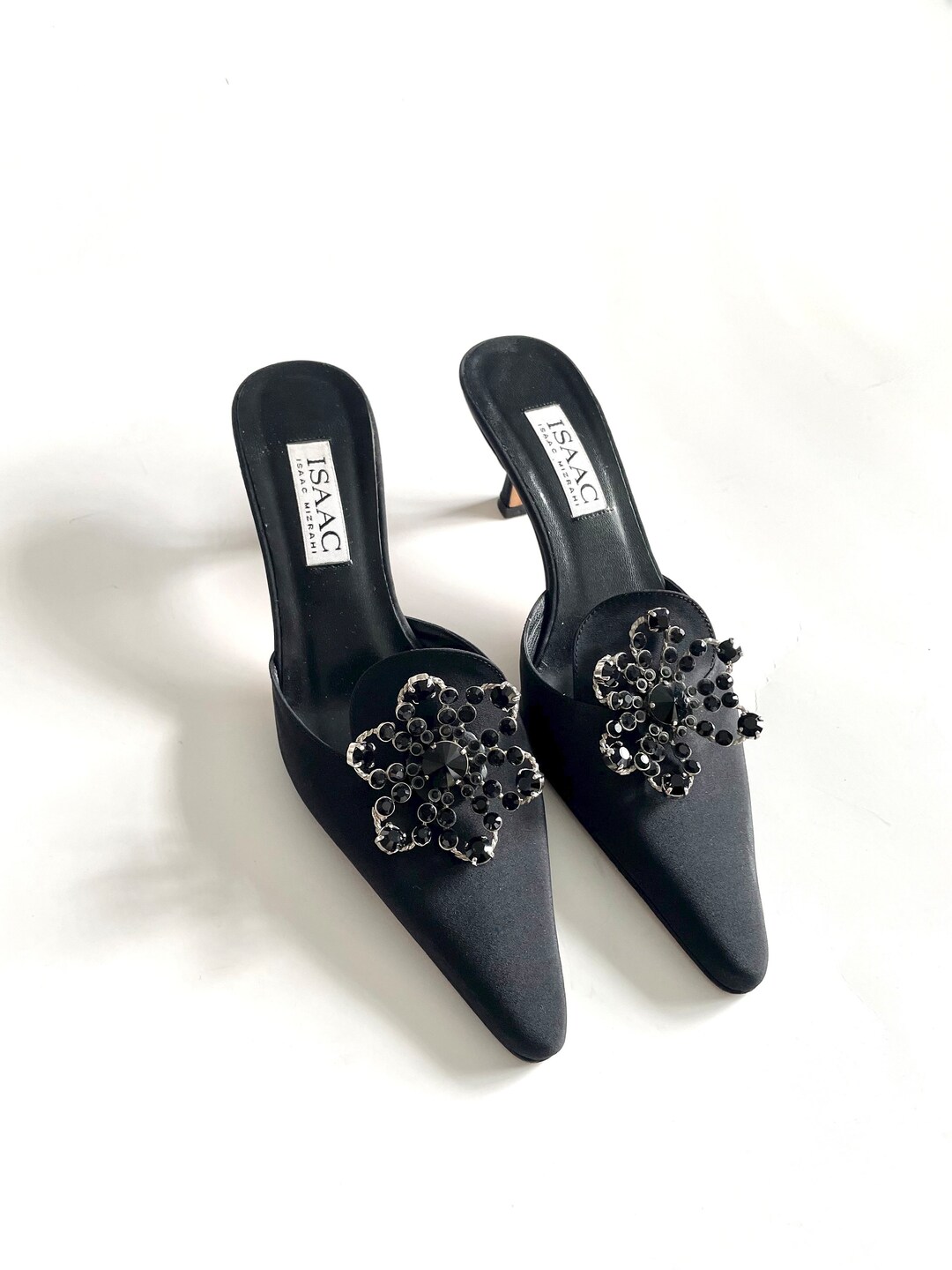 1990s Isaac Mizrahi Black Satin Kitten Heel Mule Pumps With Rhinestone ...