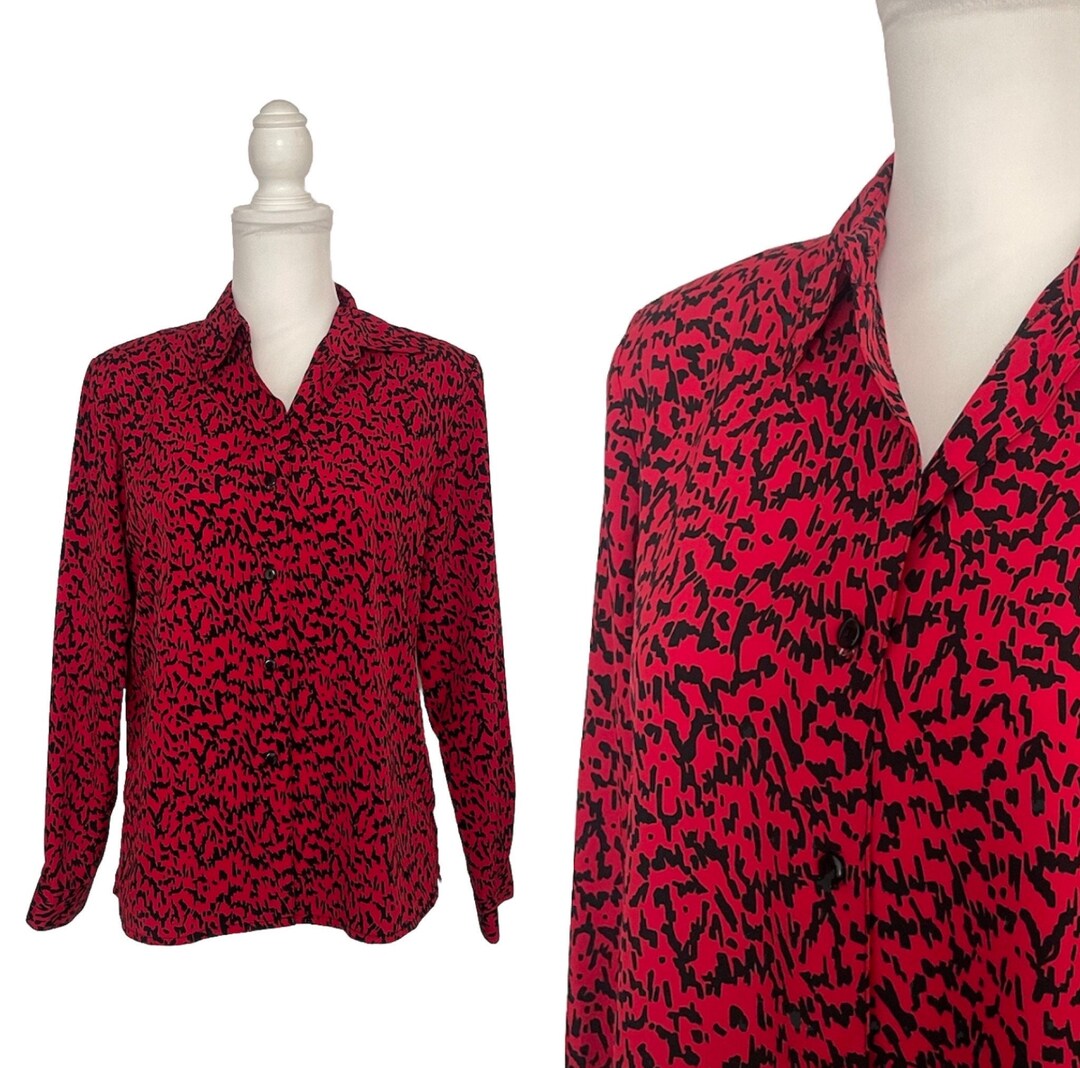 Vintage Red and Black Long Sleeve Button up Blouse by Notations, M/L - Etsy