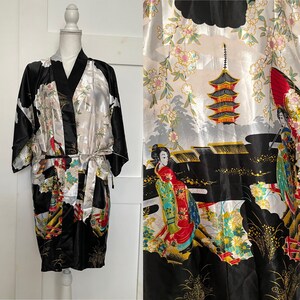 Satin Asian Theme Kimono Robe With Floral Geisha Print - Etsy