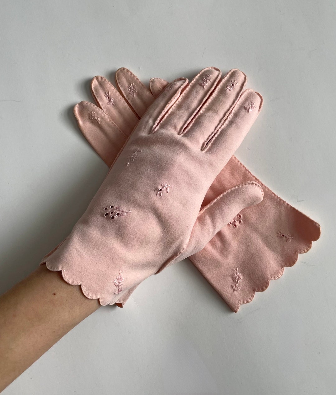Vintage FOWNES Light Pink Over Wrist Length Gloves With Eyelets, Floral ...