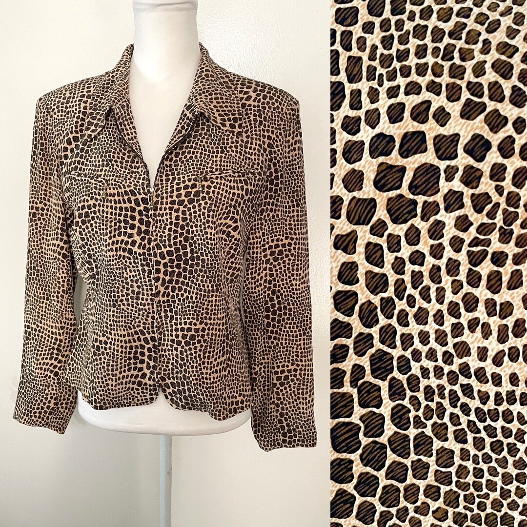Vintage Animal Print Silk Collared Zip up Jacket, Black Brown Beige ...