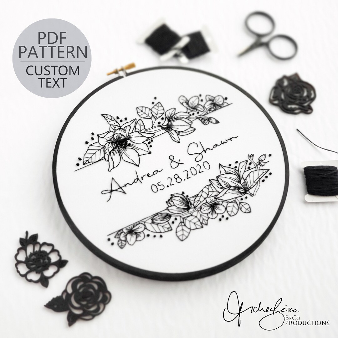 Black and White Floral Banner Custom Name/surname DIY Embroidery ...