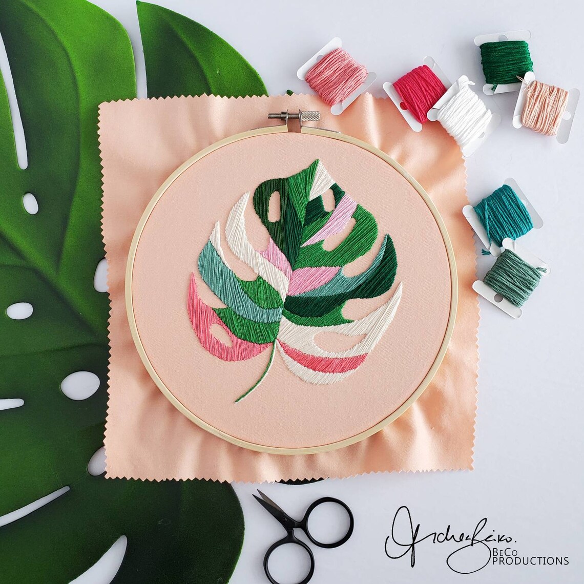 Variegated Monstera Leaf Satin Stitch Embroidery Pattern & - Etsy