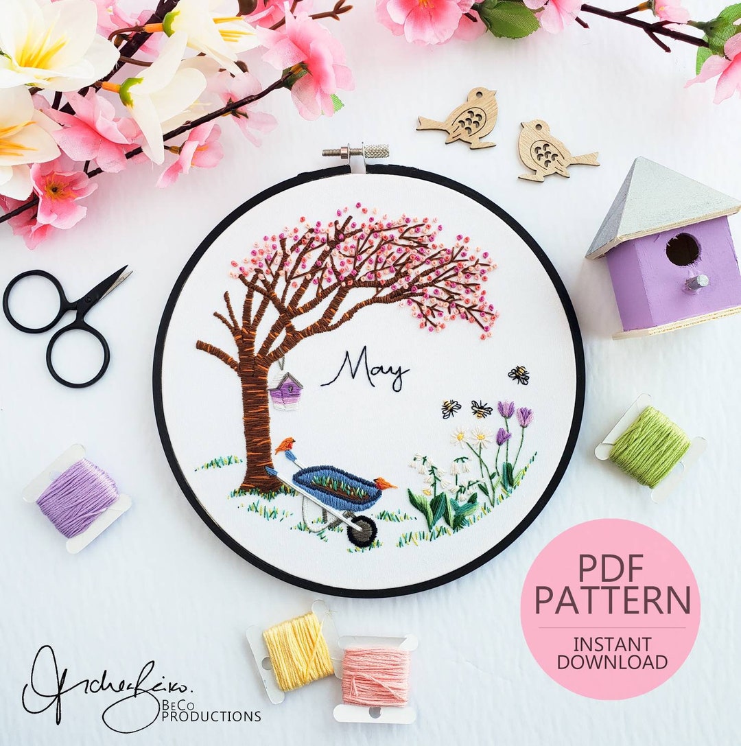 MAY Monthly Series Wreath Embroidery Pattern & Guide - DIY Digital ...