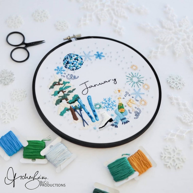 JANUARY Monthly Series Wreath Embroidery Pattern & Guide - DIY Digital ...