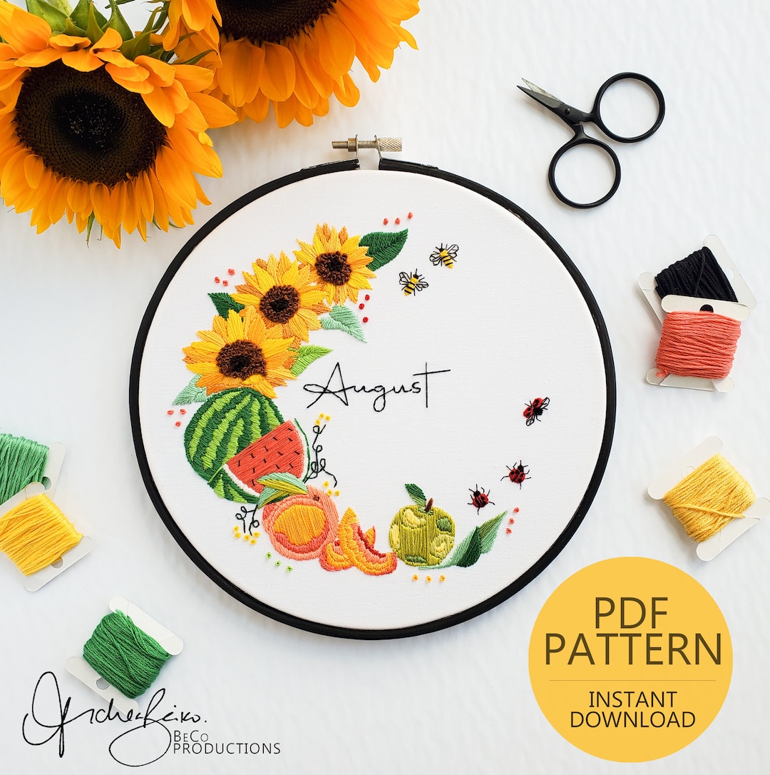 AUGUST Monthly Series Wreath Embroidery Pattern & Guide - DIY Digital ...