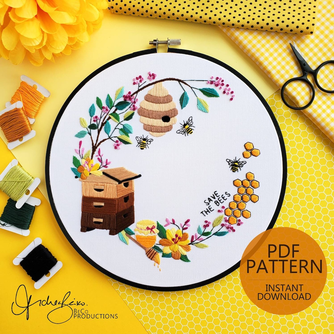 Beehive Floral Wreath Embroidery Pattern & Guide - DIY Digital Download ...