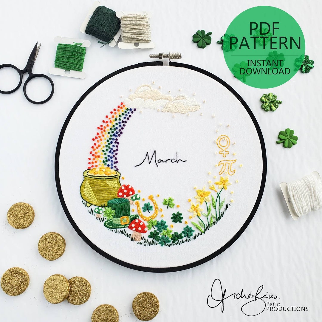 MARCH Monthly Series Wreath Embroidery Pattern & Guide - DIY Digital ...