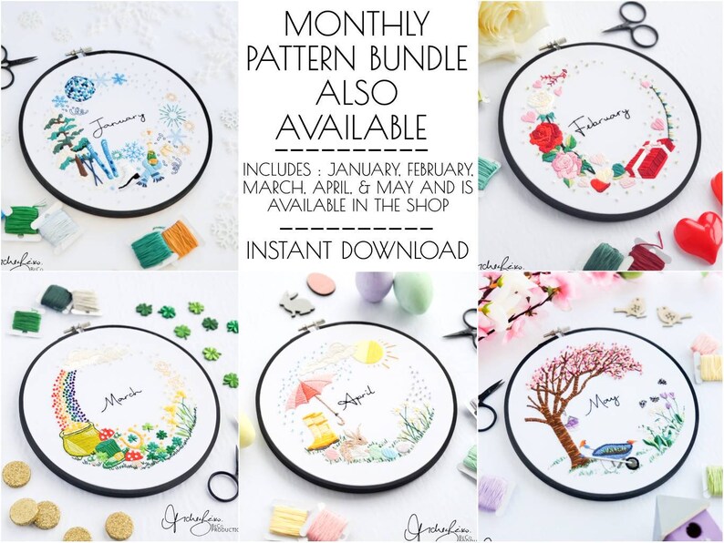 APRIL Monthly Series Wreath Embroidery Pattern & Guide DIY - Etsy