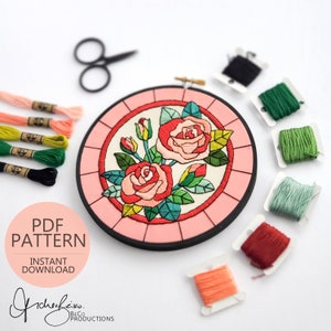 FEBRUARY Roses Stained Glass Monthly Series Embroidery Pattern & Guide ...