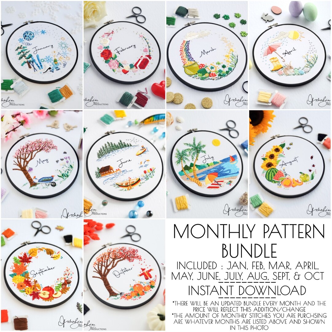 BUNDLE Monthly Series Wreath Embroidery Pattern & Guide - Etsy
