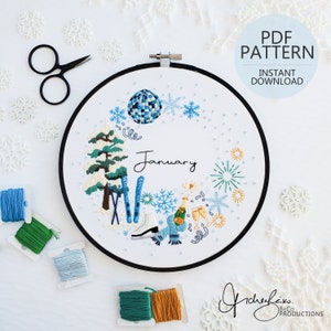 JANUARY Monthly Series Wreath Embroidery Pattern & Guide DIY Digital ...
