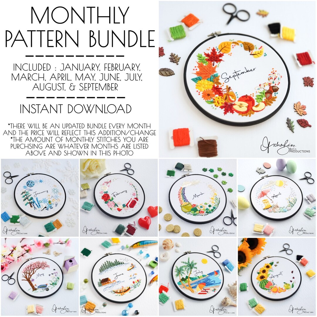 BUNDLE Monthly Series Wreath Embroidery Pattern & Guide - Etsy