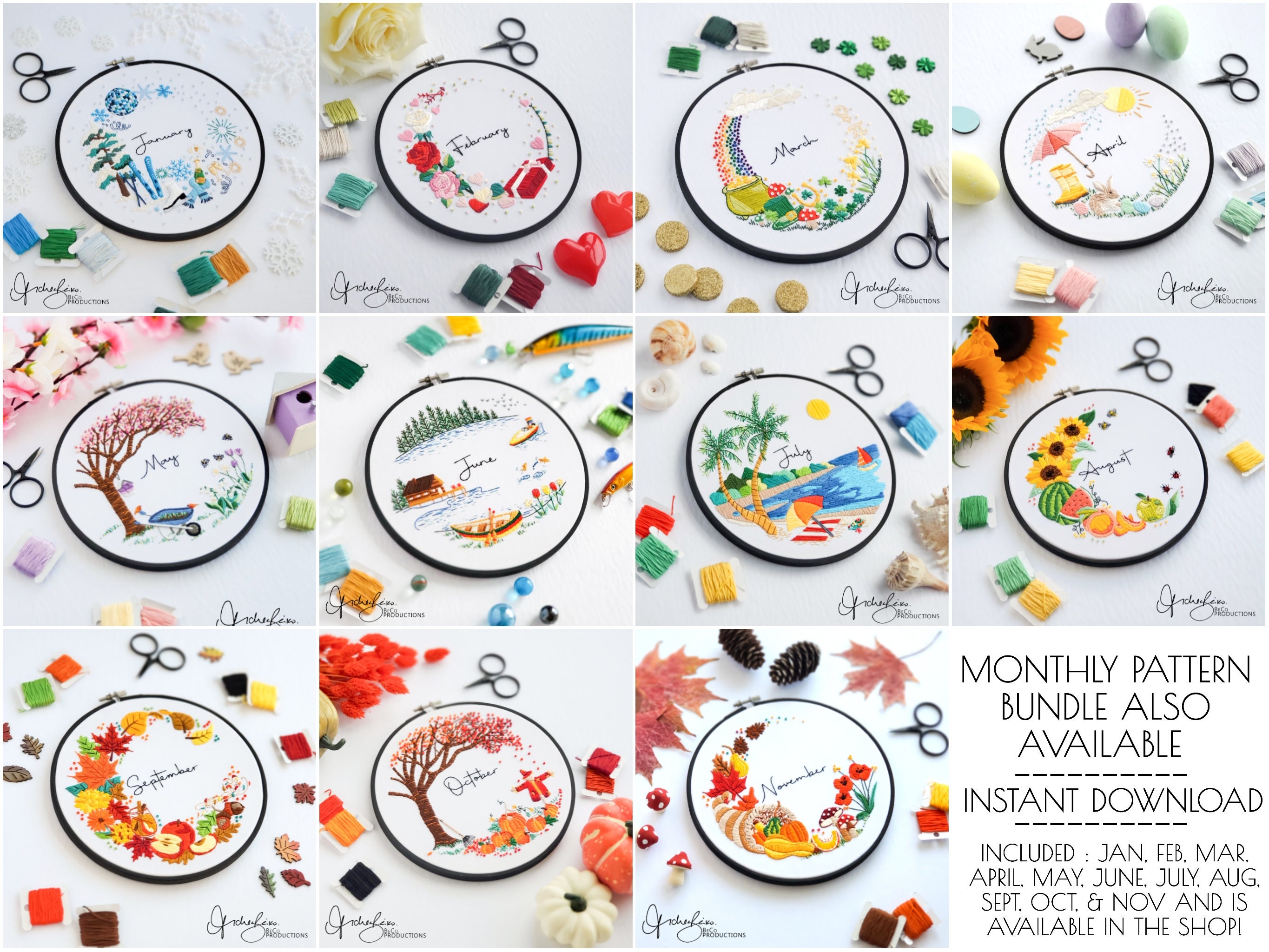 APRIL Monthly Series Wreath Embroidery Pattern & Guide - DIY Digital ...