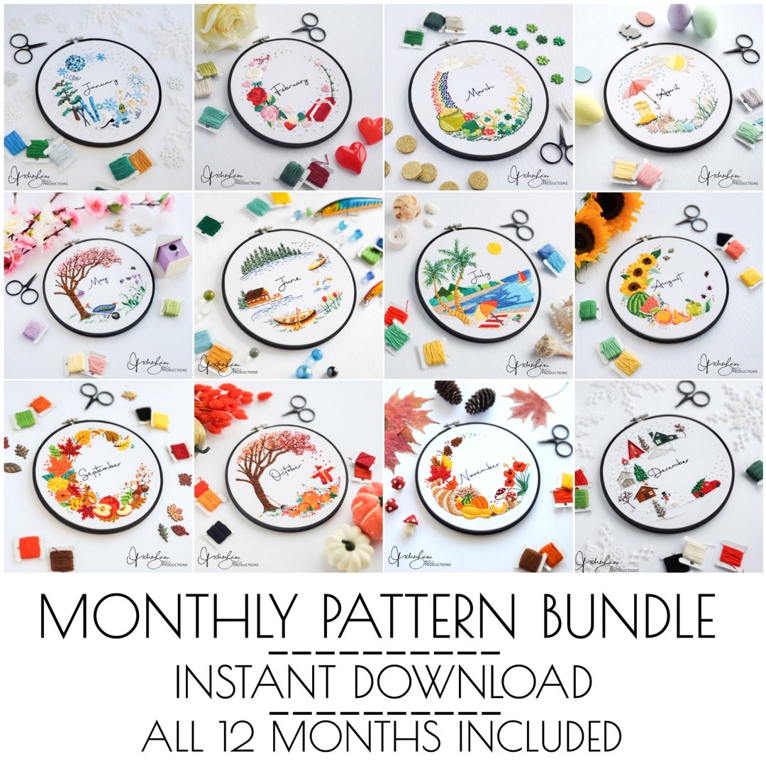 BUNDLE - Monthly Series Wreath Embroidery Pattern & Guide - January to ...