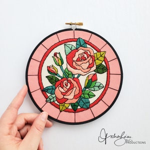 FEBRUARY Roses Stained Glass Monthly Series Embroidery Pattern & Guide ...