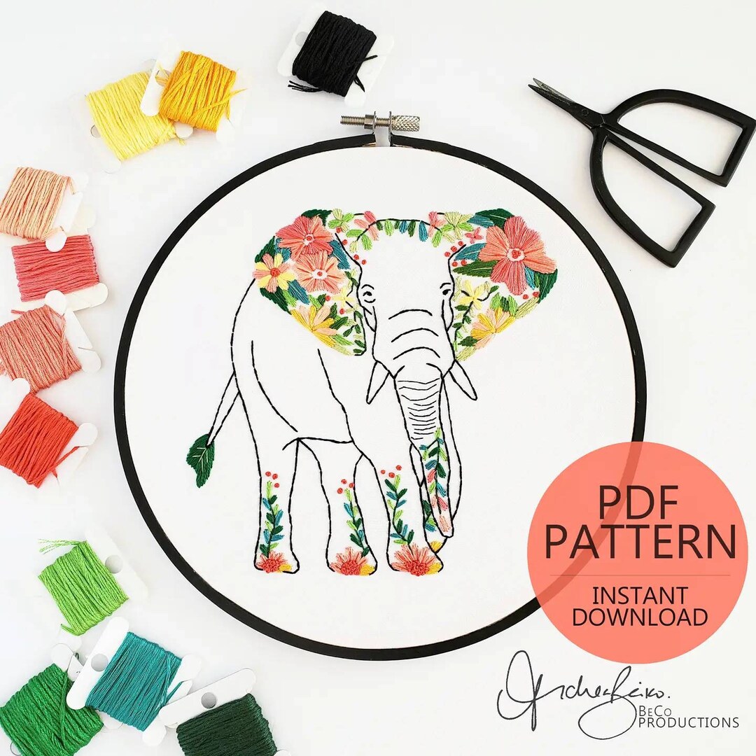 Floral Elephant Embroidery Pattern & Guide - PDF Digital Download ...