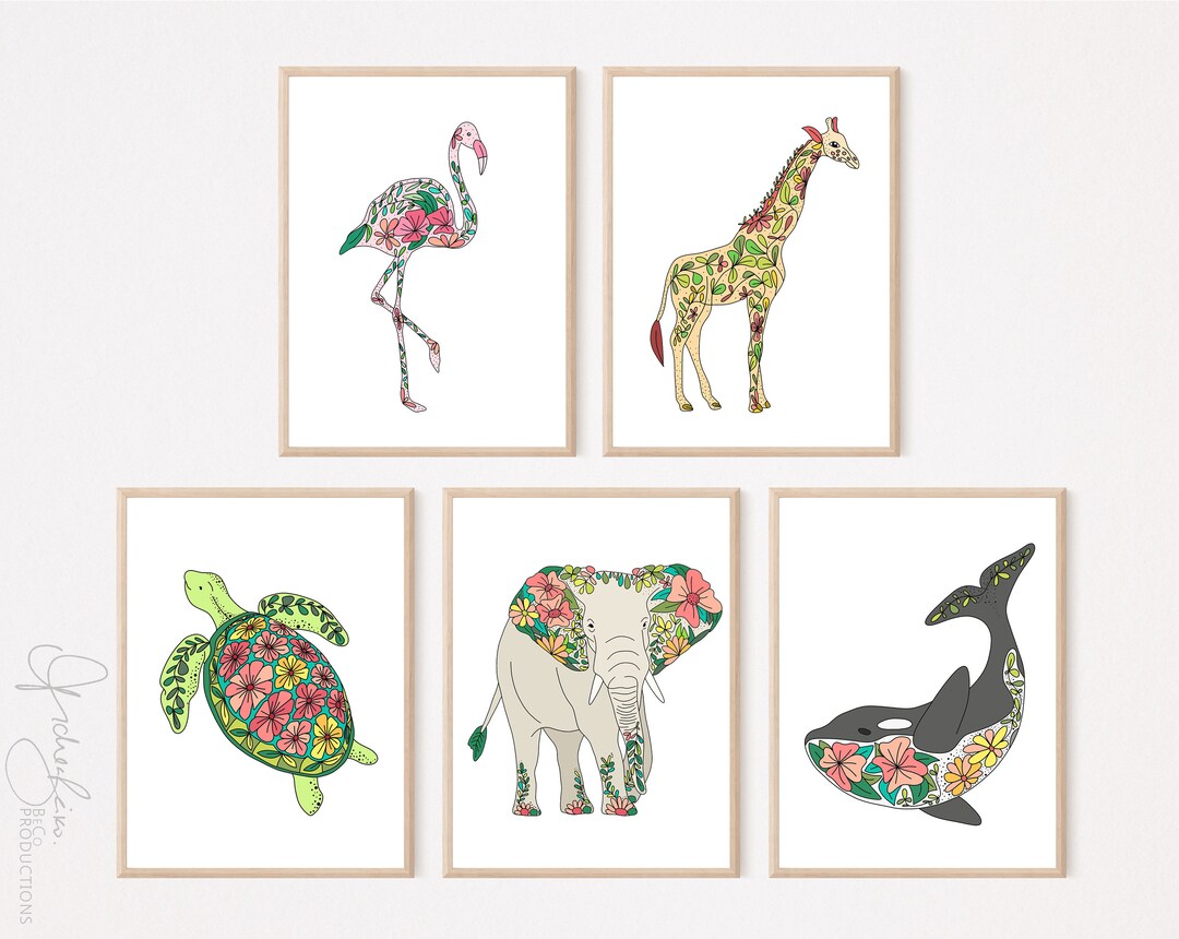 Floral Animals Original Drawings - DIGITAL DOWNLOAD - Nursery Decor ...
