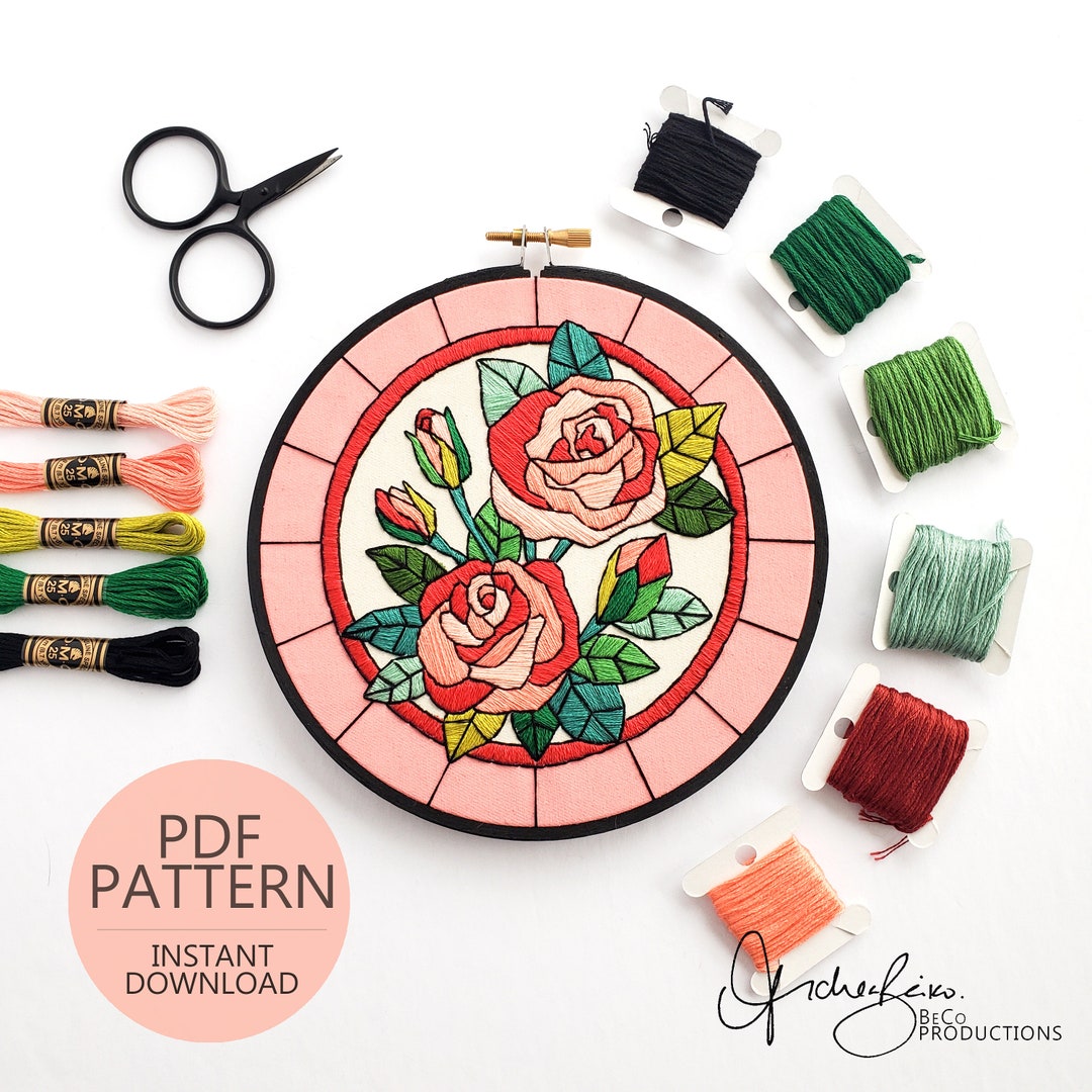 FEBRUARY Roses Stained Glass Monthly Series Embroidery Pattern & Guide ...