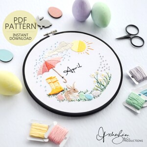 APRIL Monthly Series Wreath Embroidery Pattern & Guide - DIY Digital ...