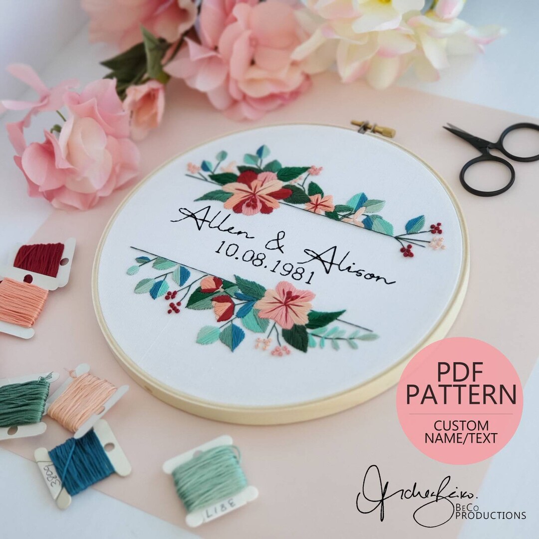 Custom Name/surname DIY Embroidery Digital Download Pattern Floral ...