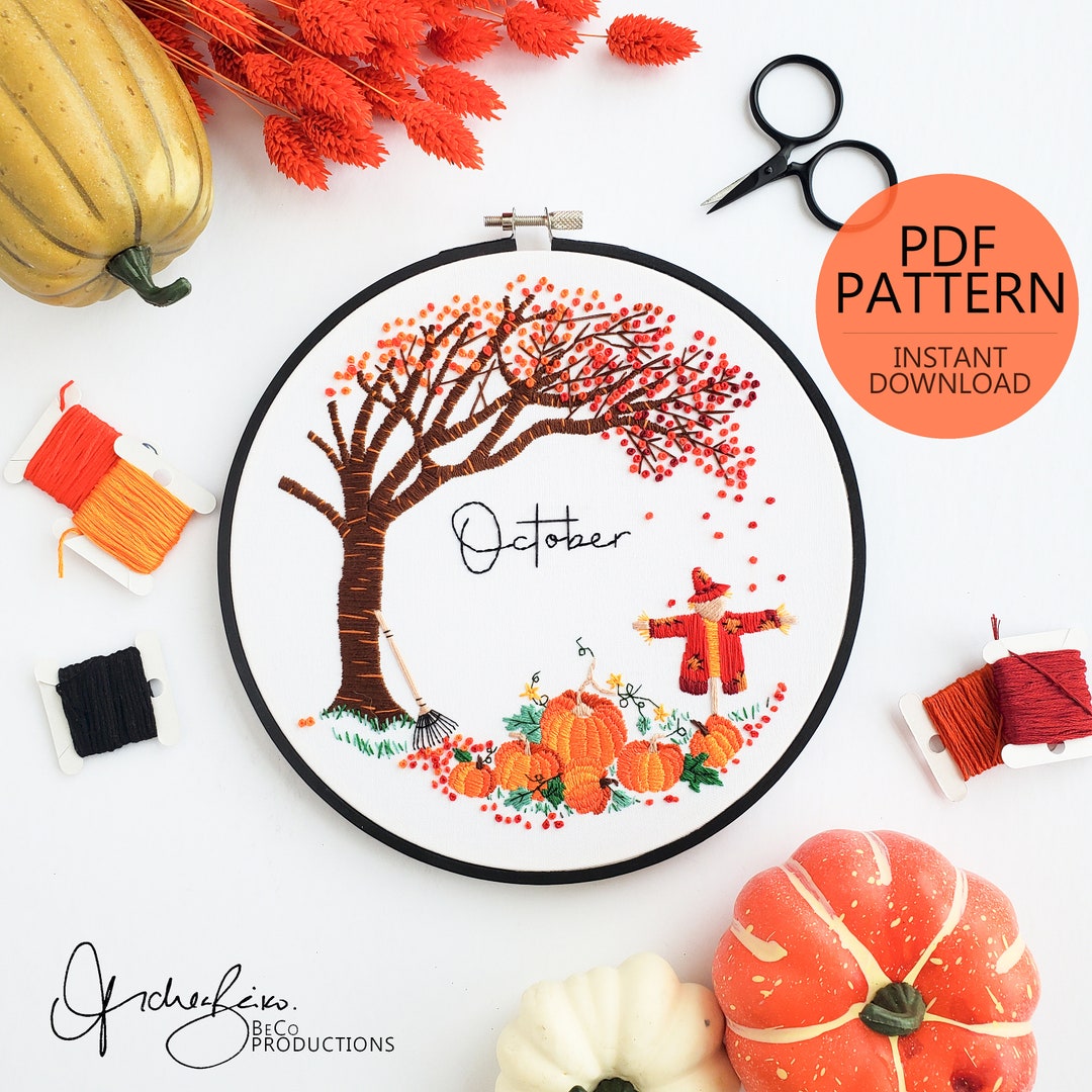 OCTOBER Monthly Series Wreath Embroidery Pattern & Guide - Digital ...