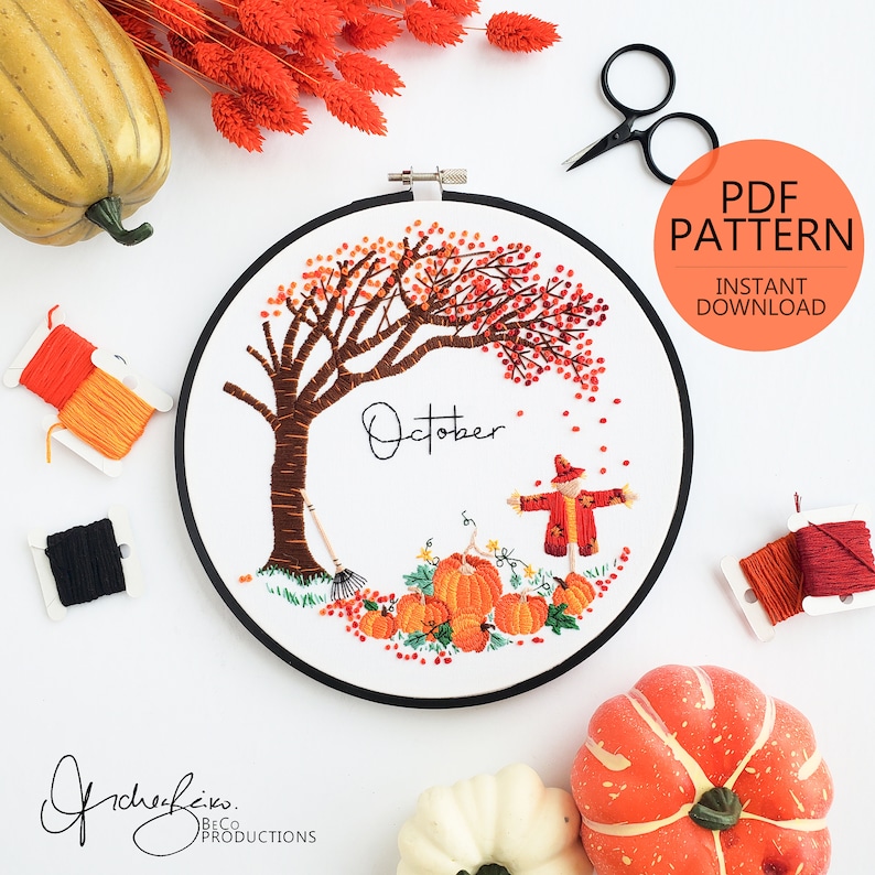 OCTOBER Monthly Series Wreath - PDF Digital Download Embroidery Pattern ...