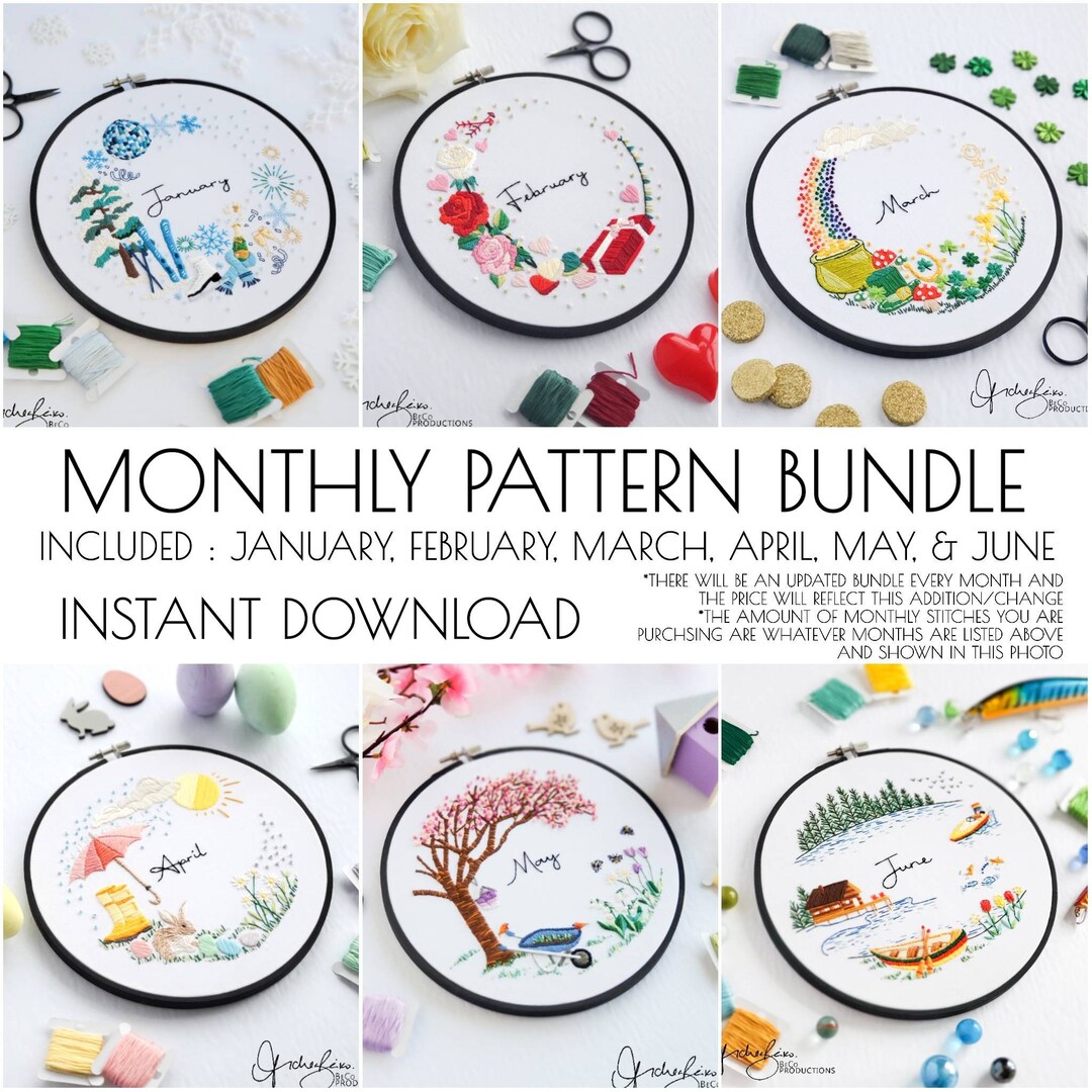 BUNDLE Monthly Series Wreath Embroidery Pattern & Guide - Etsy