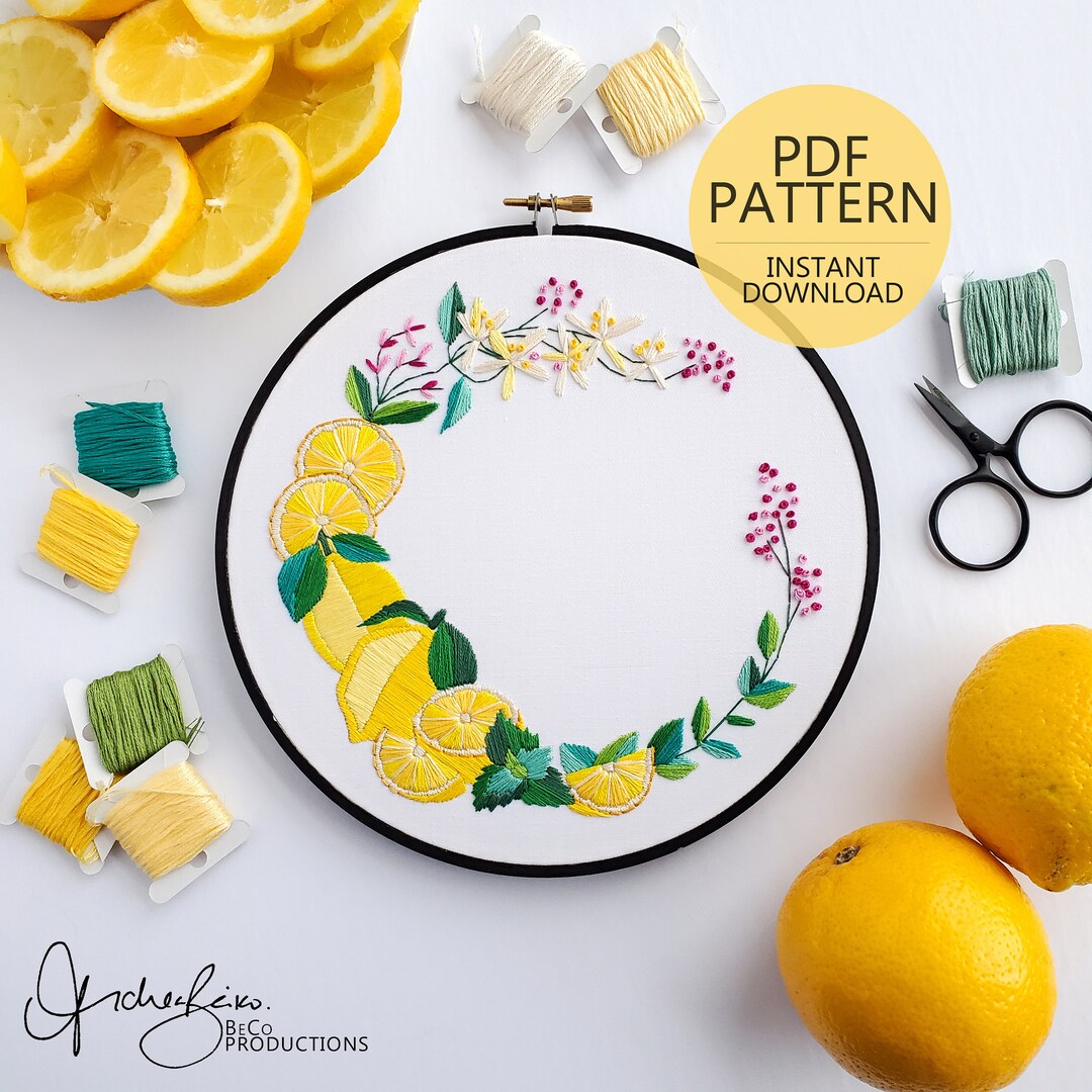 Lemon Wreath Embroidery Pattern - DIY Digital Download - PDF Pattern ...