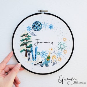 JANUARY Monthly Series Wreath Embroidery Pattern & Guide - DIY Digital ...