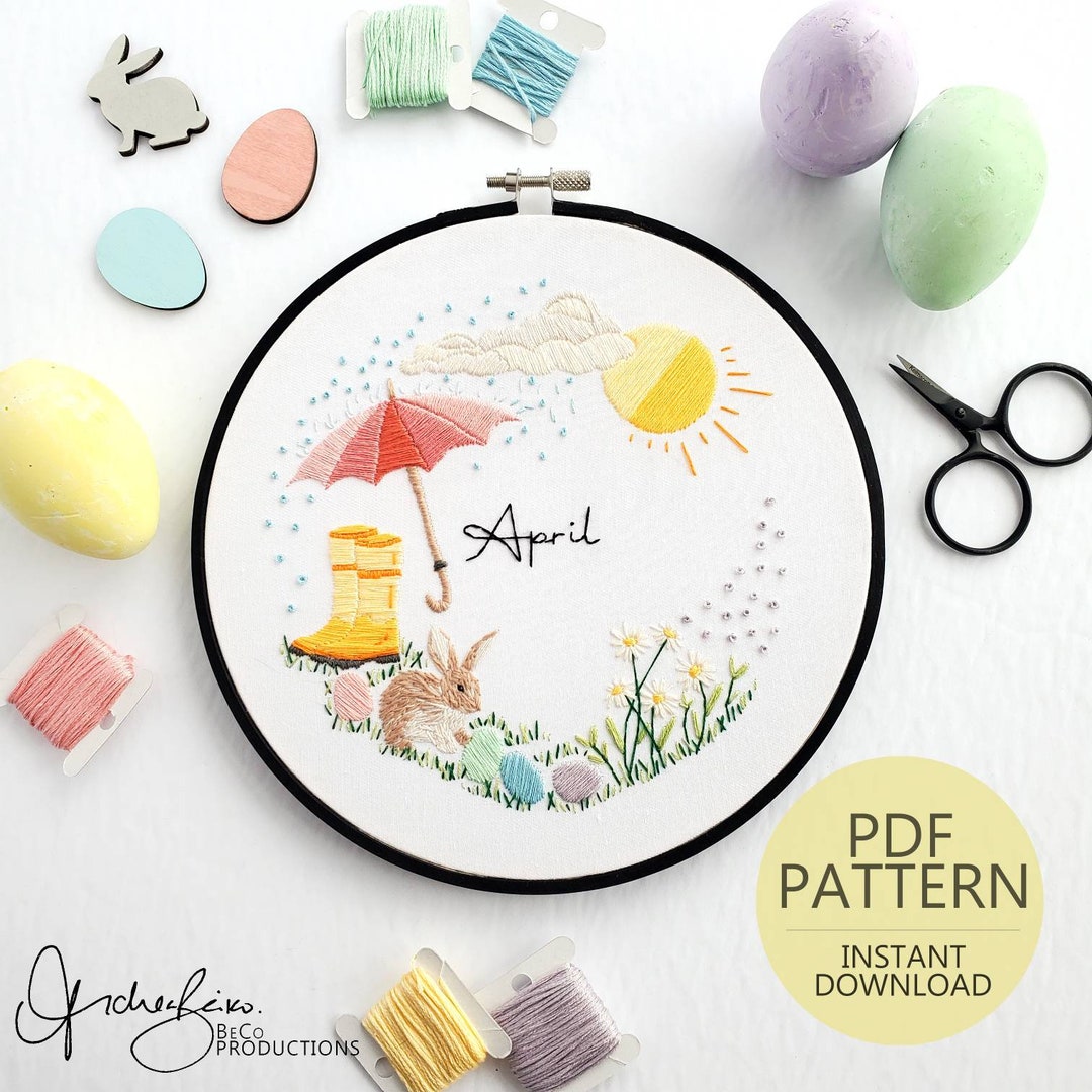 APRIL Monthly Series Wreath Embroidery Pattern & Guide - DIY Digital ...