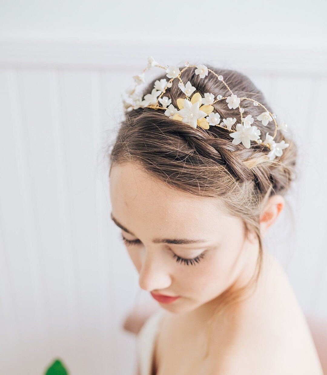 Delicate Gold Floral Bridal Crown, Goddess Dainty Gold and White ...