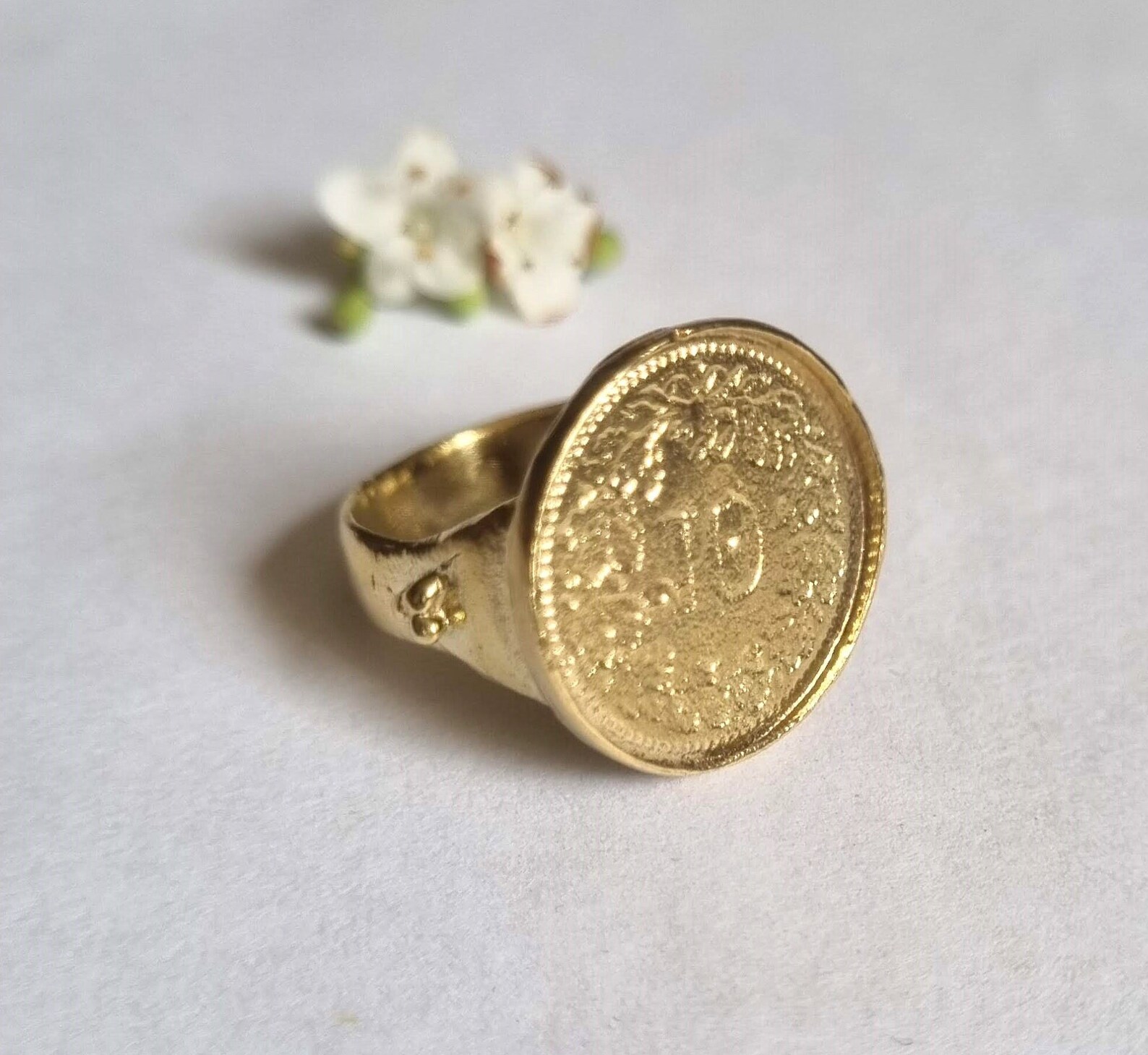 Solid Gold Coin Ring, Gold Signet Ring, Antique Style Ring, Romantic ...