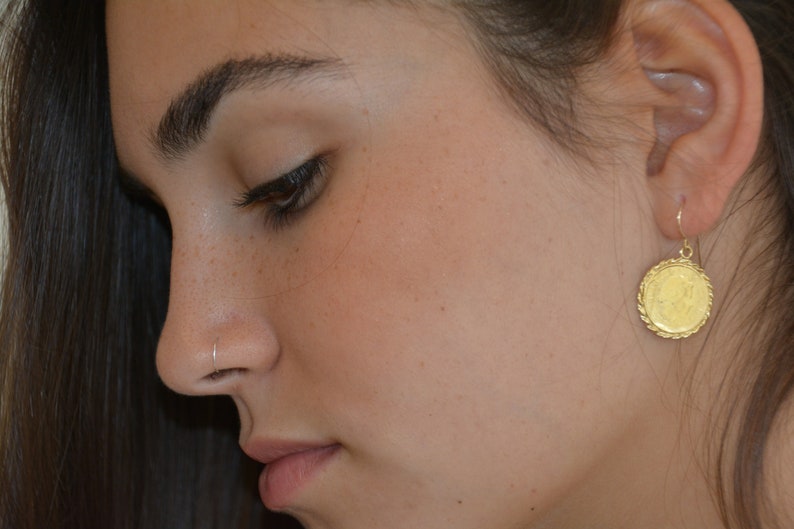 14k Gold Earrings, Coin Earrings, Dangle Coin Earrings, Coin Pendant ...