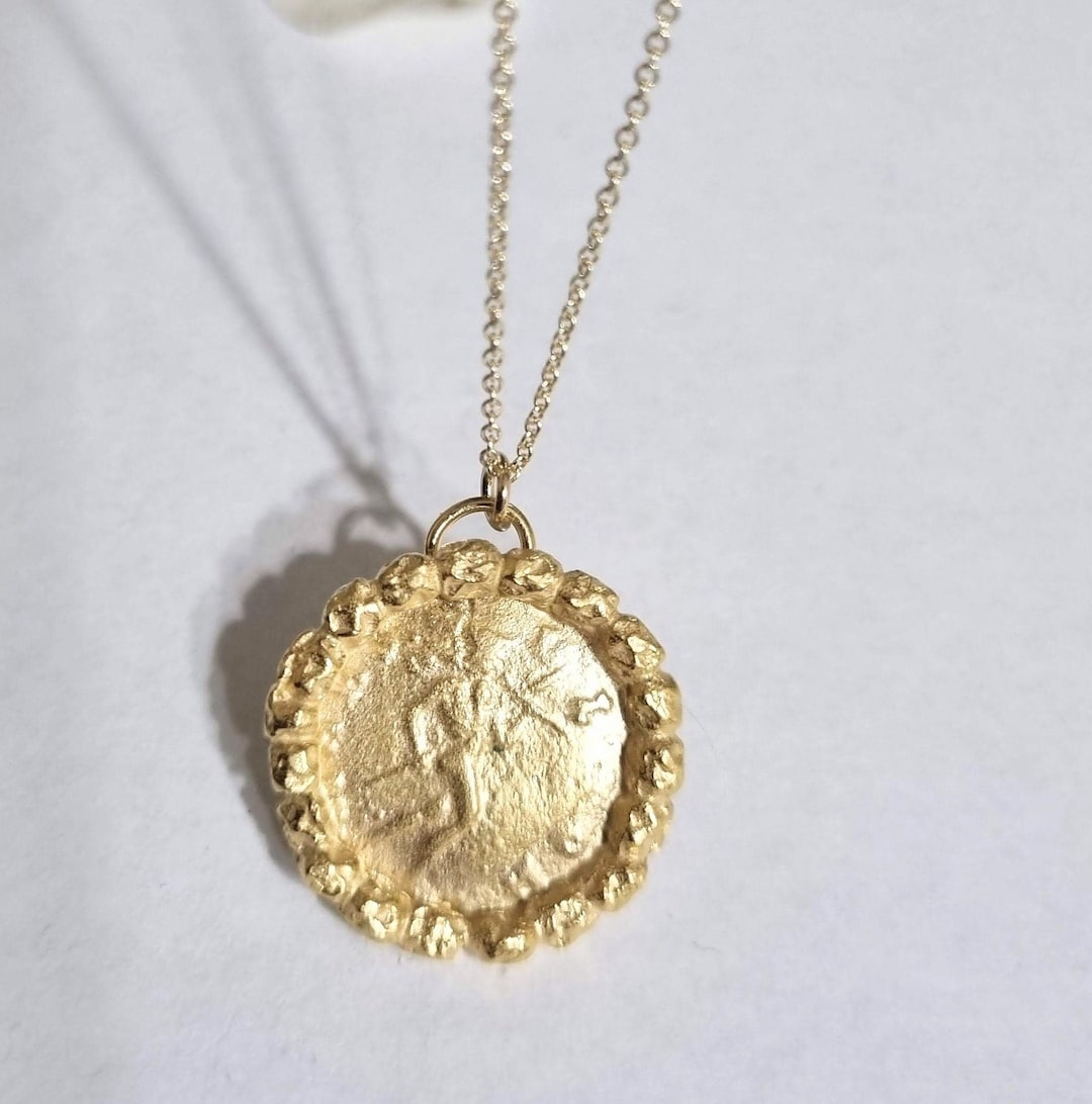 Gold Coin Necklace, Solid Gold Coin Pendant, 14k Gold Necklace, Antique Style Necklace, Coin ...
