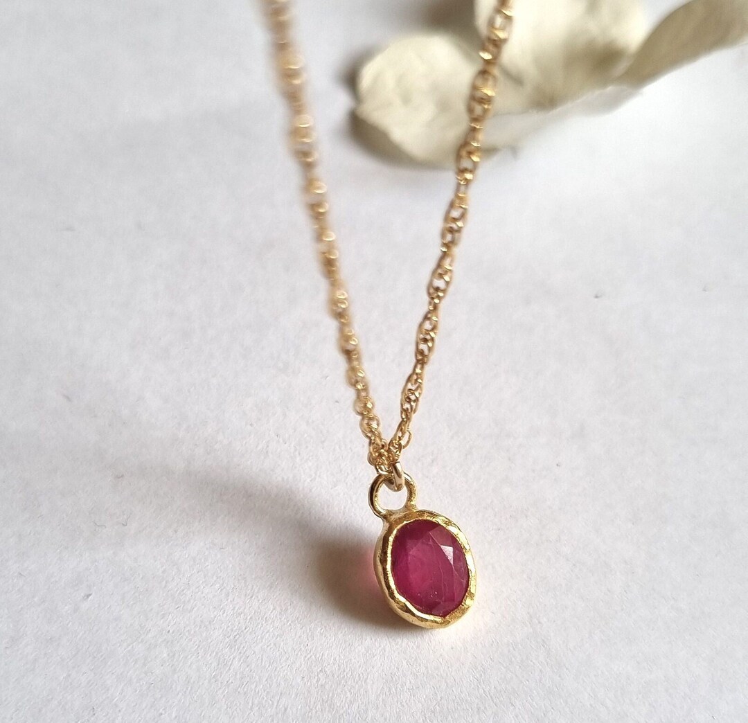 Ruby Necklace, Red Ruby Glass Necklace, Gold Pendant Necklace, July ...