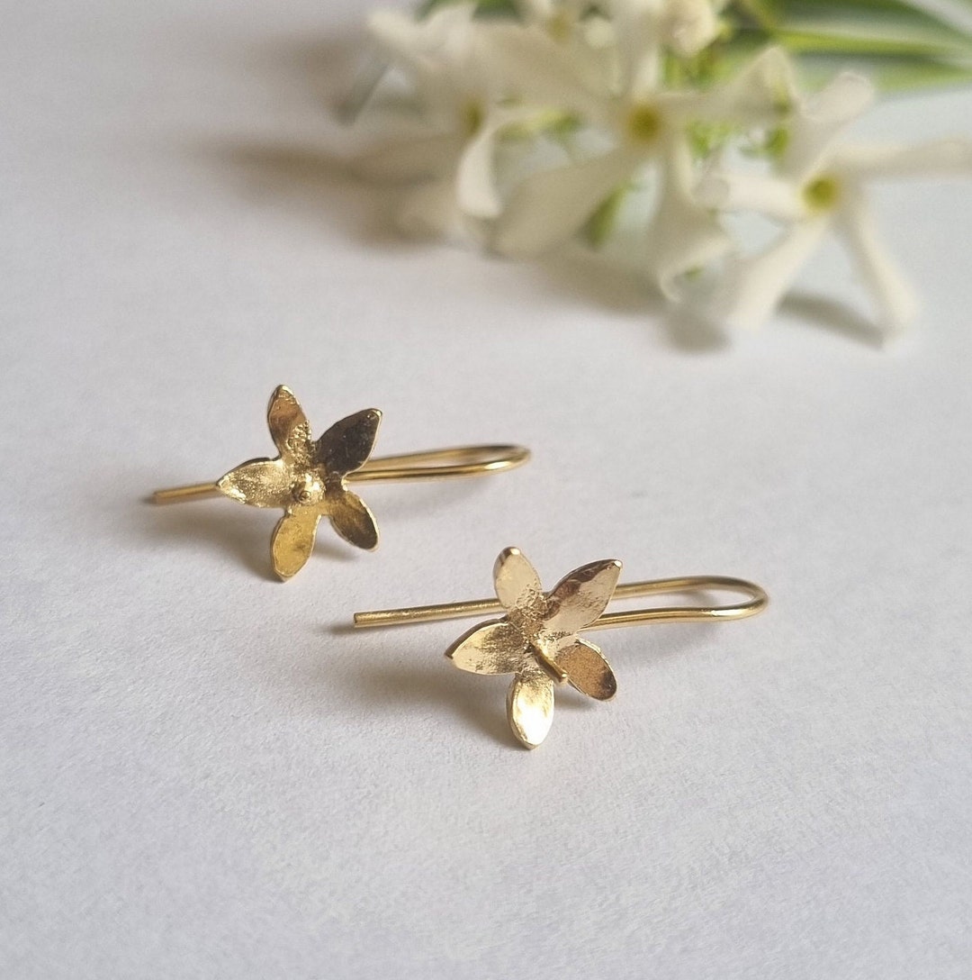 Small Flower Earrings, Drop Gold Earrings, 14k Gold Earrings, Delicate ...