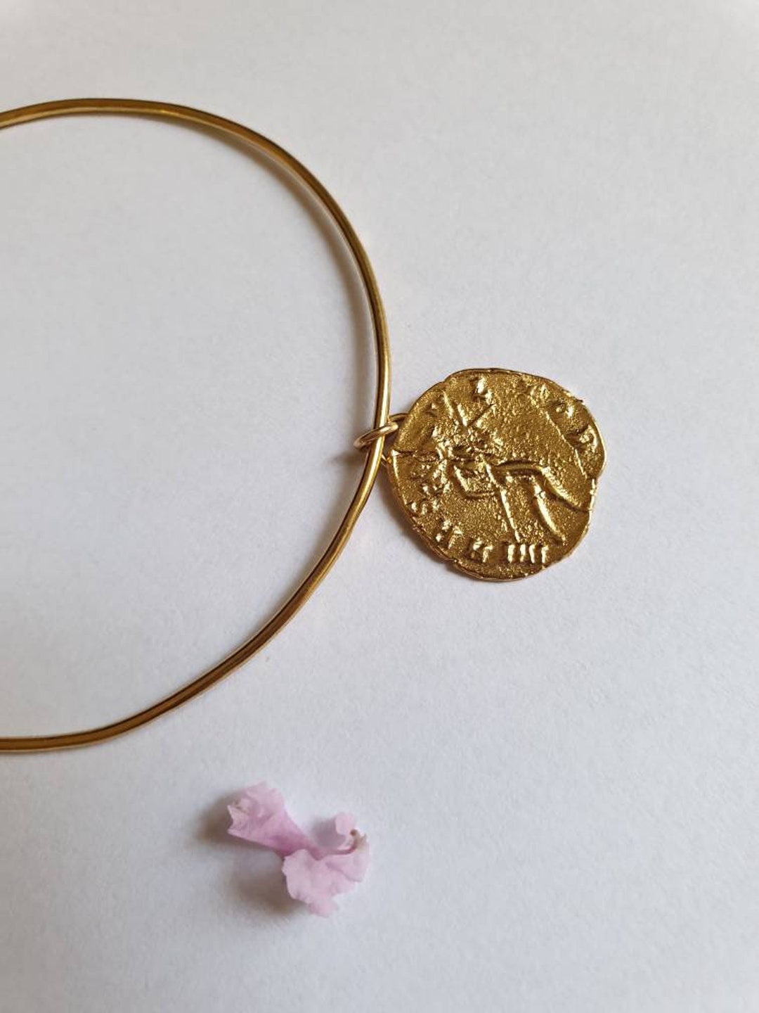 Gold Bangle Bracelet With Coin Charm, Gold Coin Bracelet for Women - Etsy