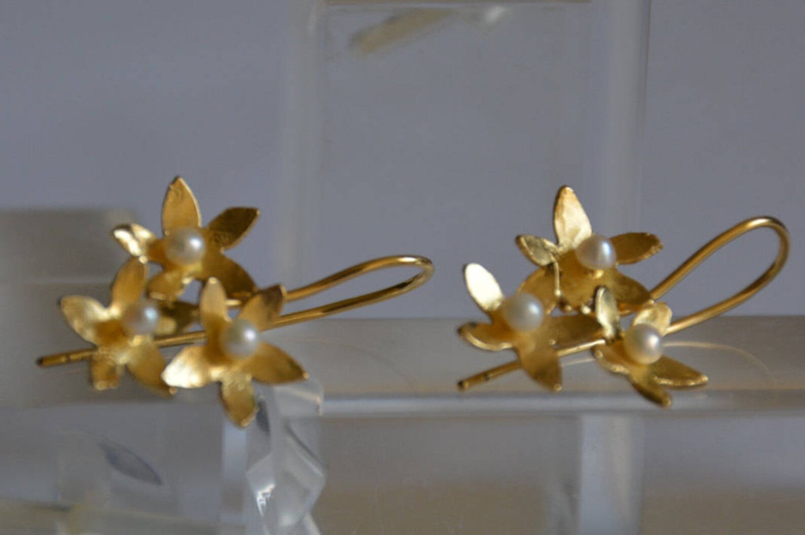 Gold Drop Earrings Gold Flower Pearls Earrings Bridal | Etsy