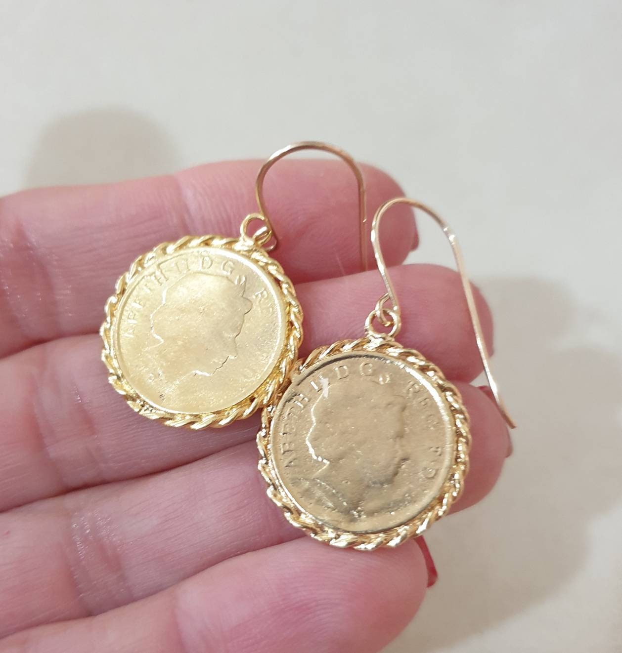 14k Gold Earrings, Coin Earrings, Dangle Coin Earrings, Coin Pendant ...