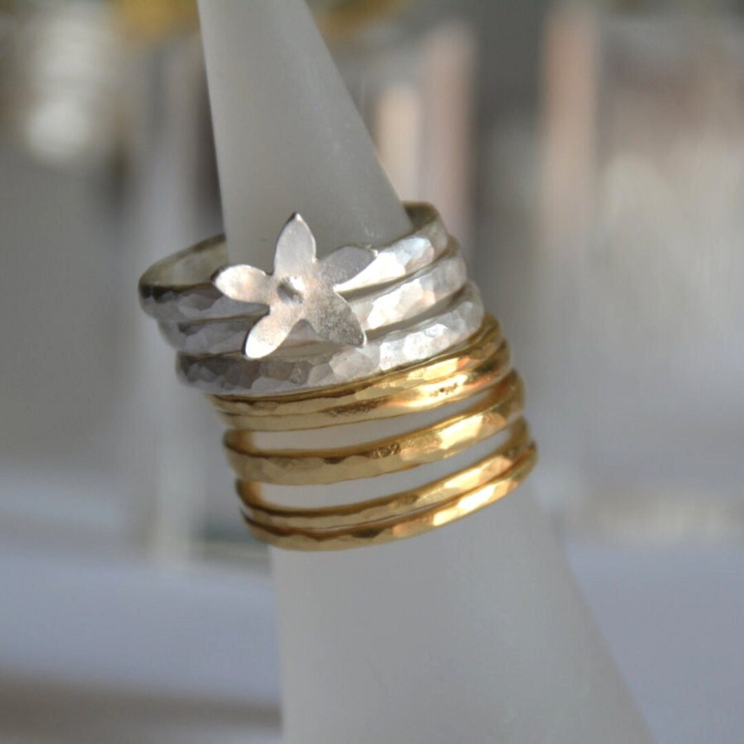 Stackable Gold Rings, Stacking Hammered Rings, Skinny Gold Rings, Thin ...