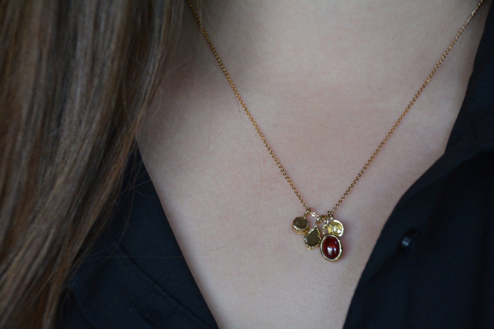 Garnet pendant necklace with charms gold pendant necklace | Etsy
