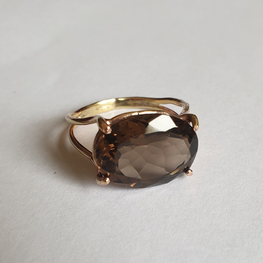 Statement Gold Ring, Oval Gold Ring, Smokey Quartz Ring, Gold Gemstone ...