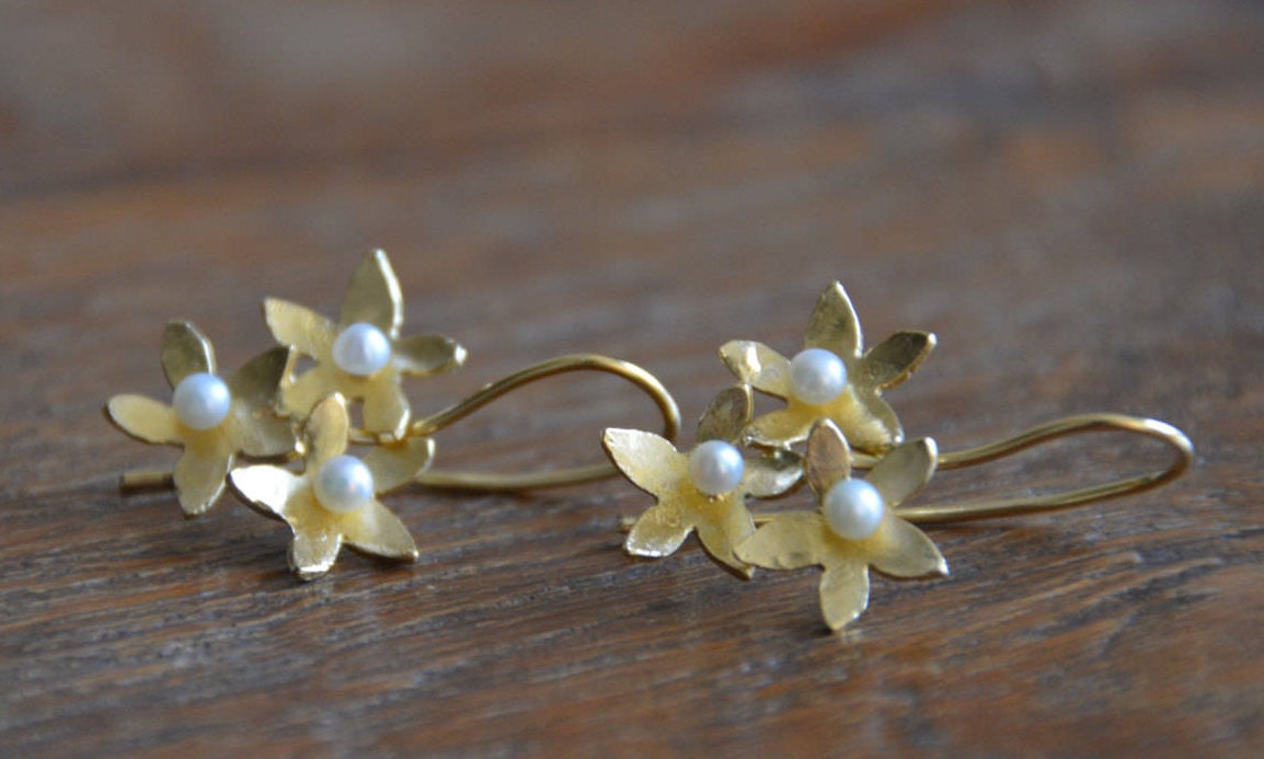Gold Drop Earrings Gold Flower Pearls Earrings Bridal | Etsy