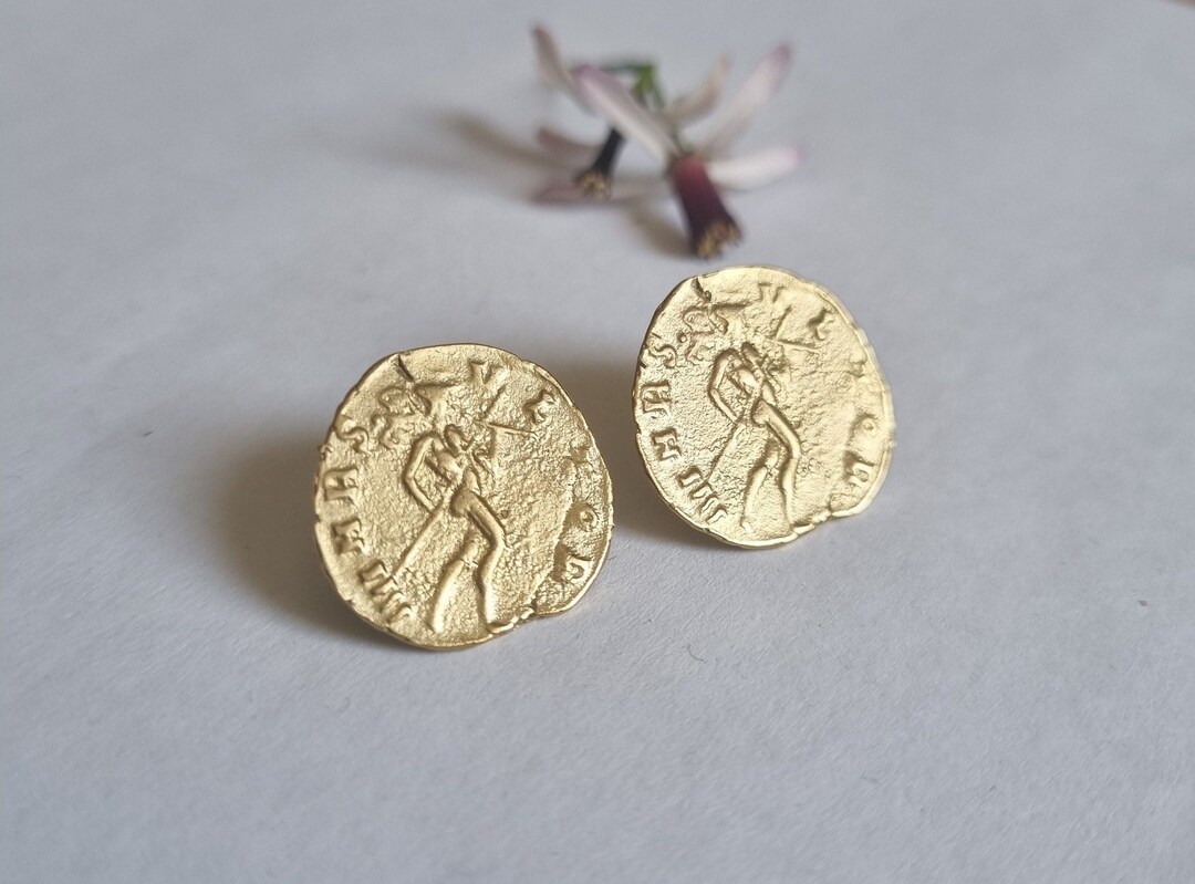 Coin Stud Earrings, 14k Gold Studs, Antique Earrings, Round Stud ...