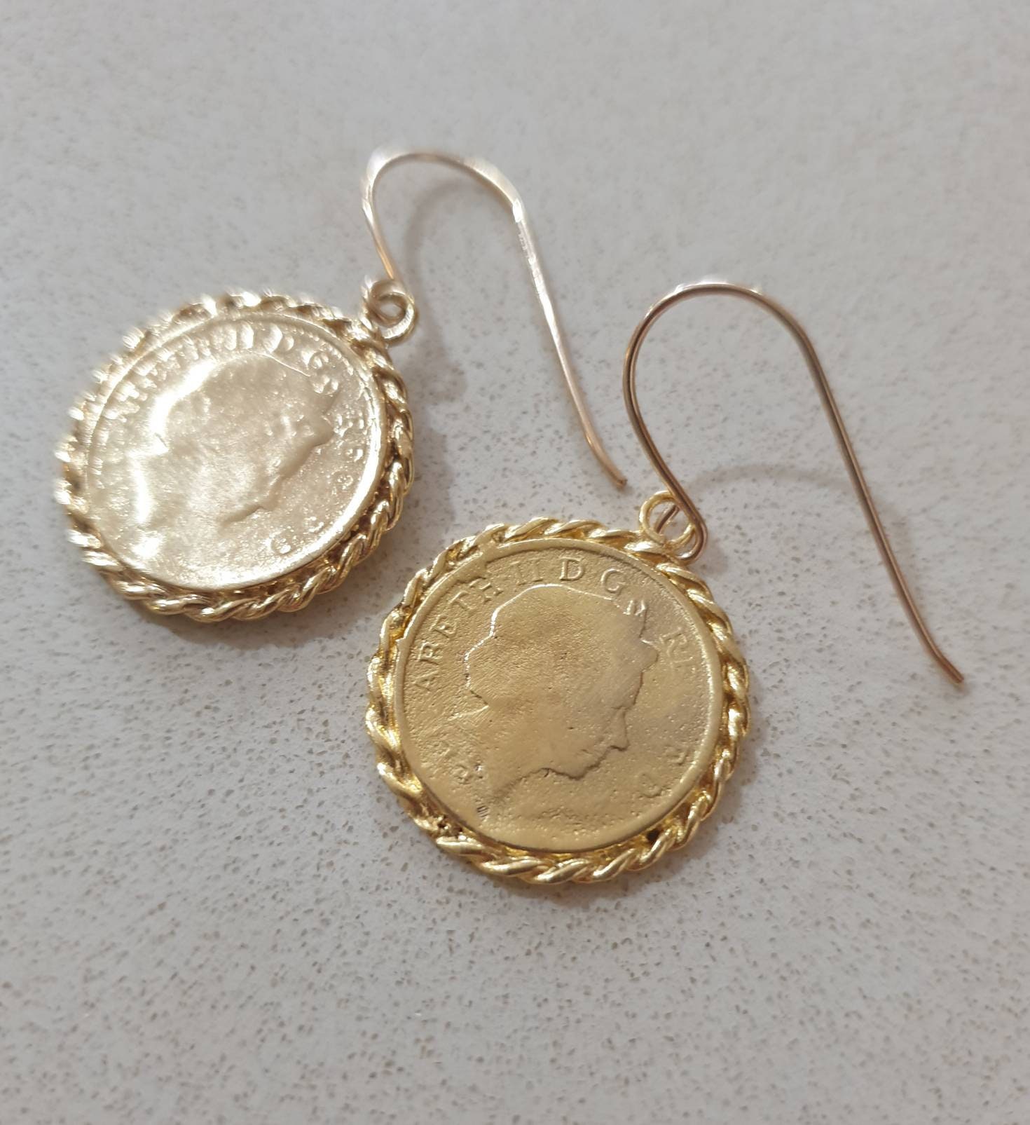 14k Gold Earrings, Coin Earrings, Dangle Coin Earrings, Coin Pendant ...