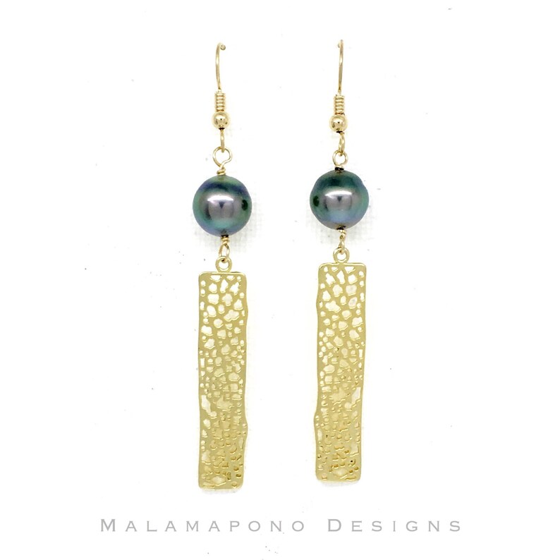Tahitian Pearl Dangle/drop Earrings With Gold Mesh Bars - Etsy